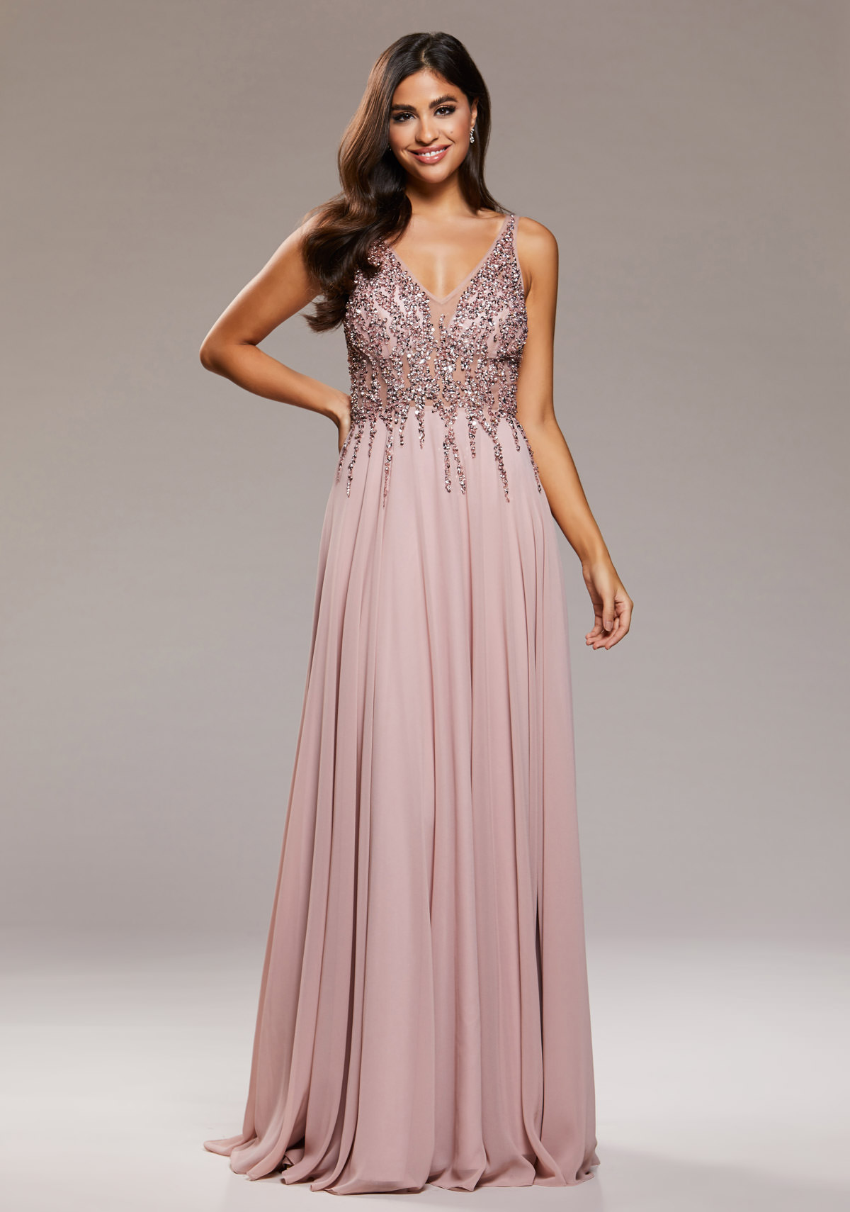 Robe de soirée en mousseline de soie avec strass en Dawn Pink ...