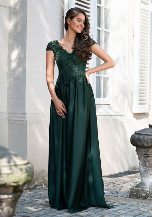 Robe de soirée à manches courtes en satin vert forêt - Christian Koehlert