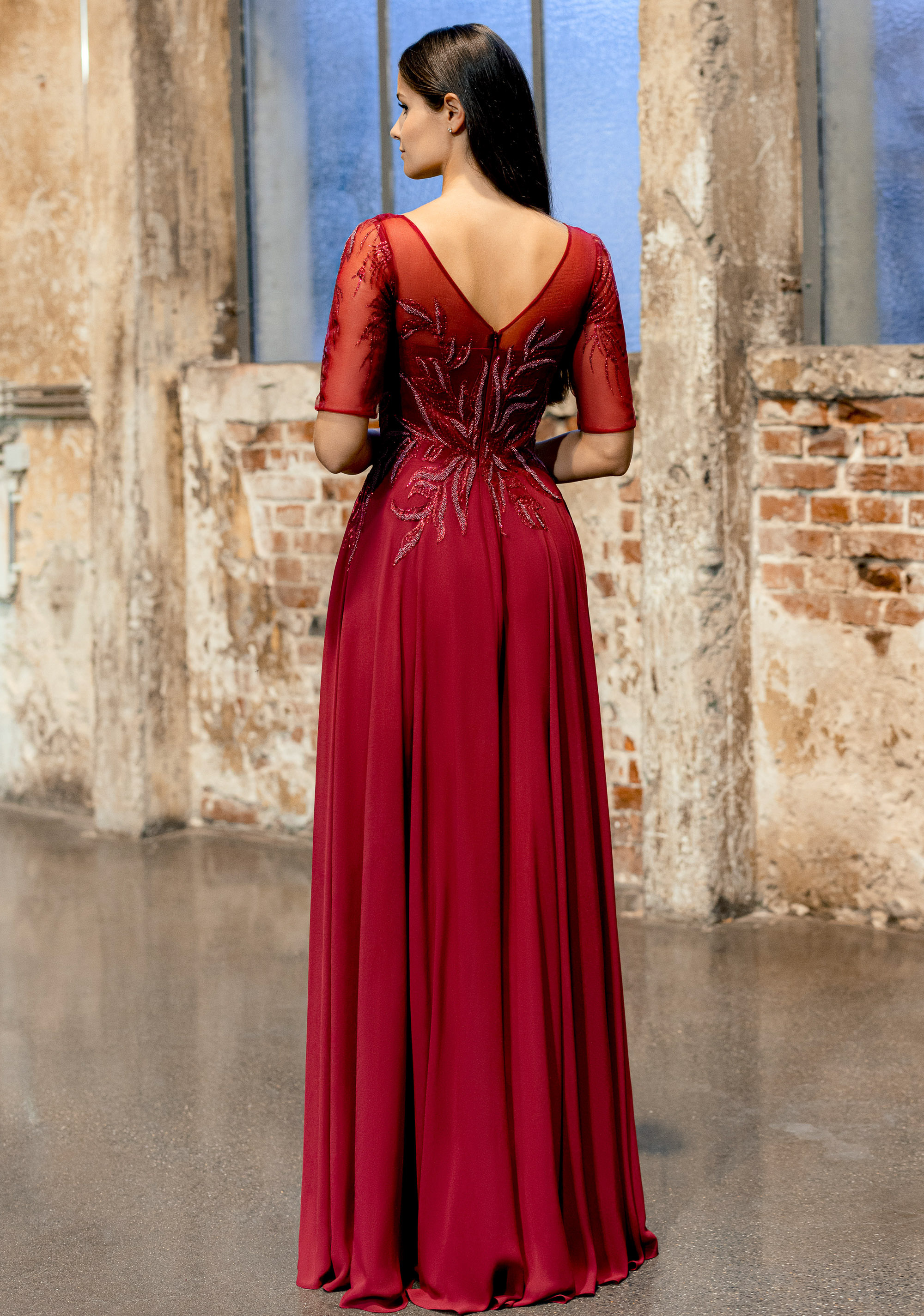 Chiffon evening dress with sleeves in Rio Red - Christian Koehlert