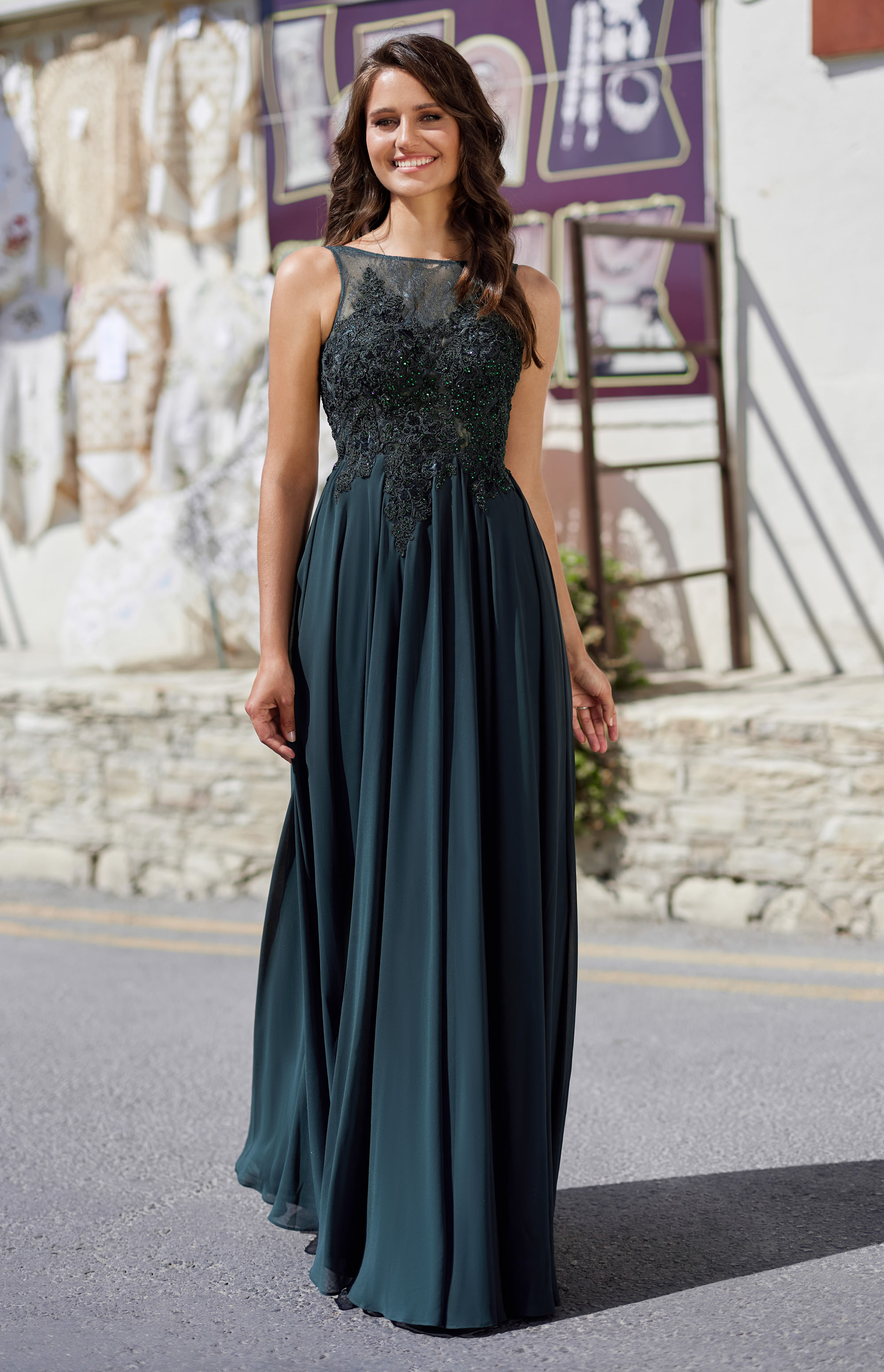 Chiffon evening dress in botanical green - Christian Koehlert