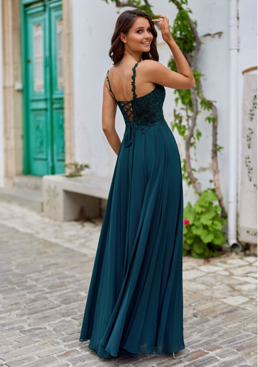 Flowing evening dress with rhinestone applications in botanical green ...