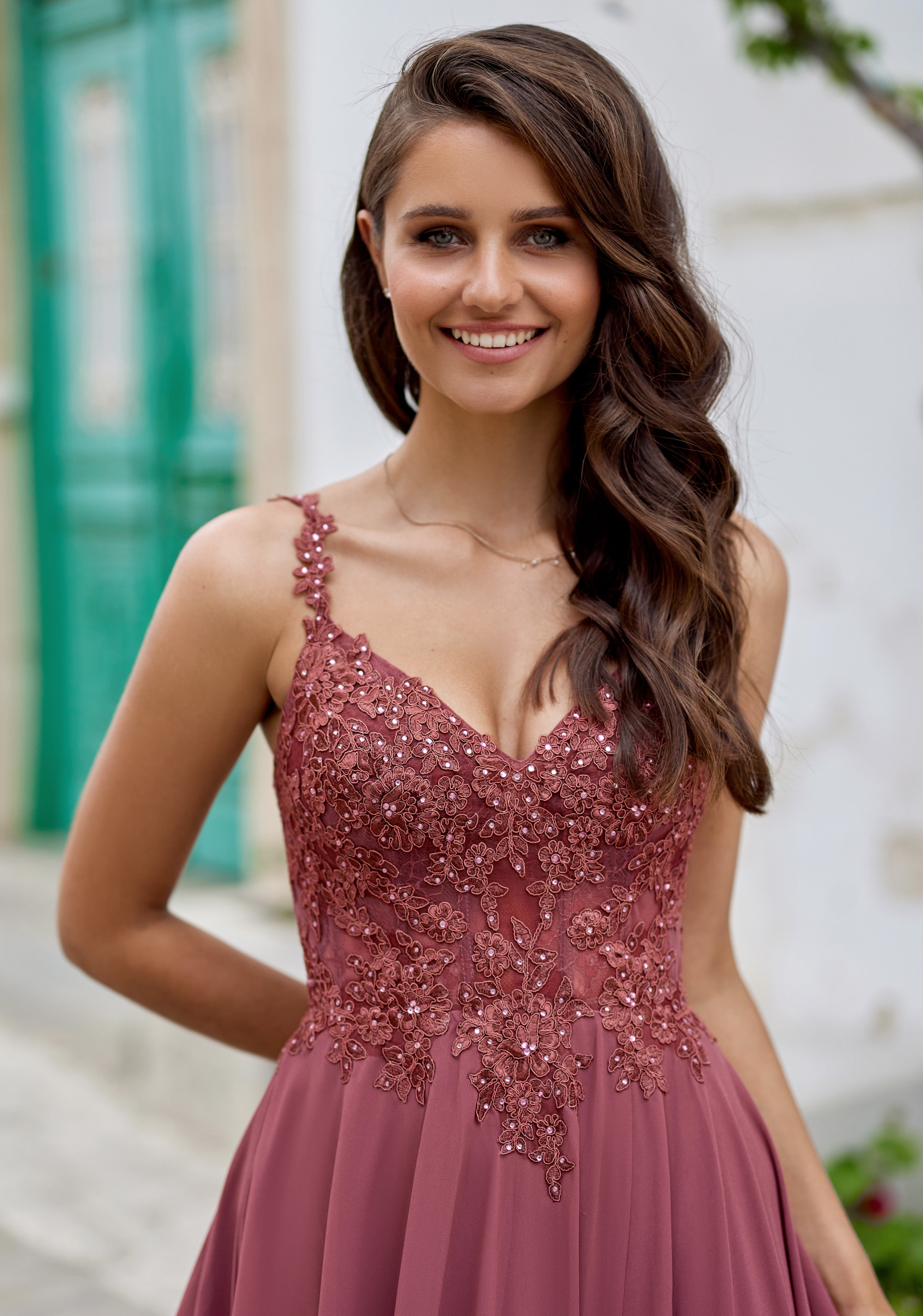 Flowing evening dress with rhinestone applications in Marsala Red ...