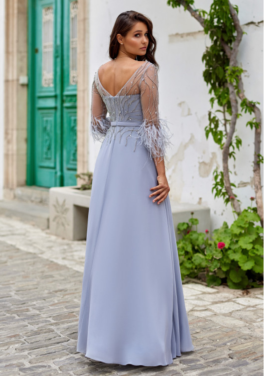 Long-sleeved chiffon evening dress with feather appliqué in Ghost Gray ...