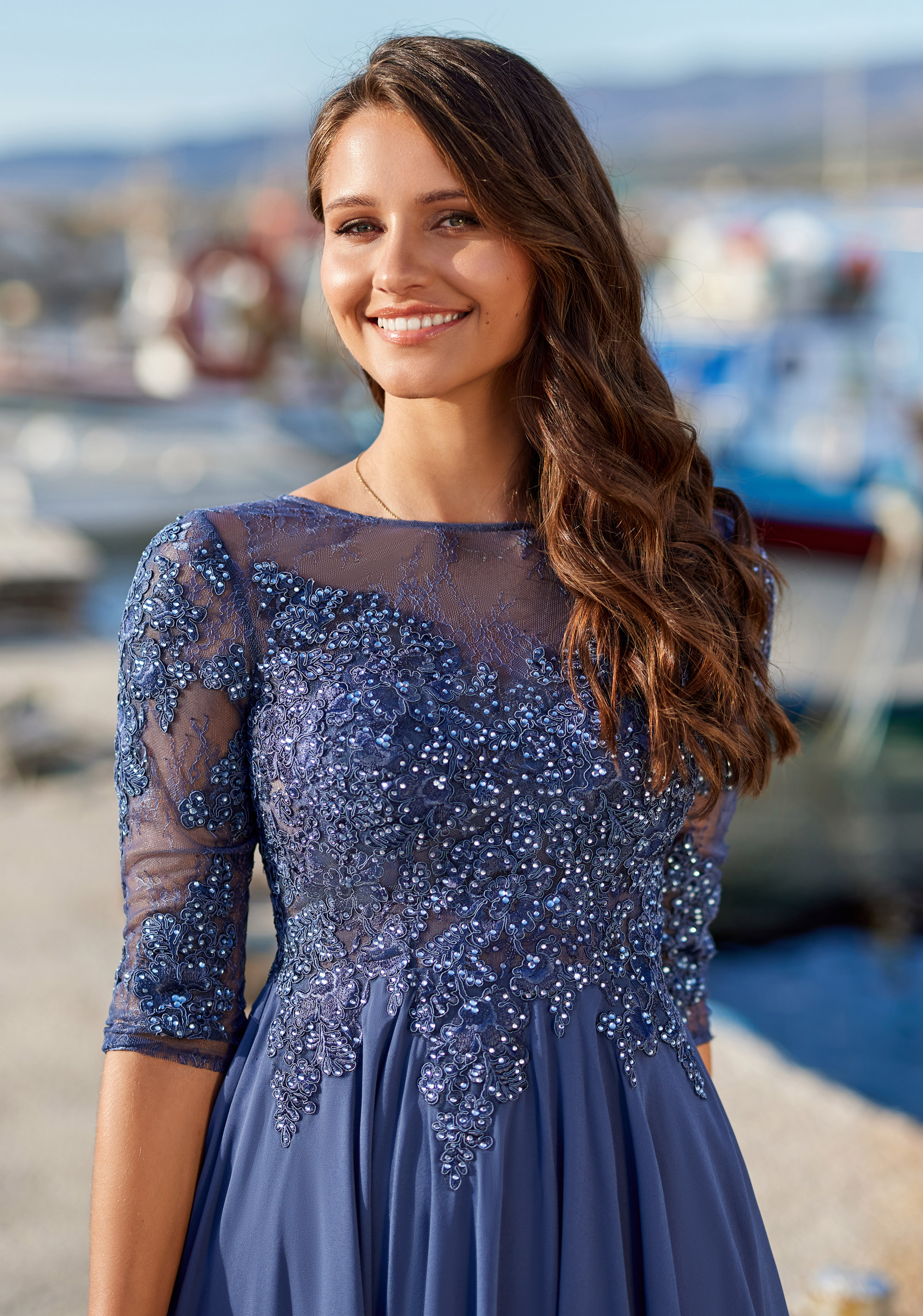 Chiffon evening dress with sleeves in vintage indigo - Christian Koehlert