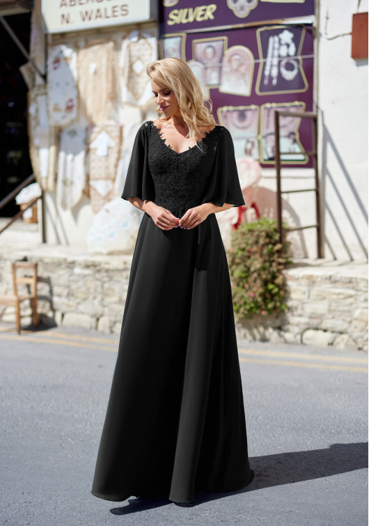 Chiffon evening dress with sleeves in Phantom Black - Christian Koehlert