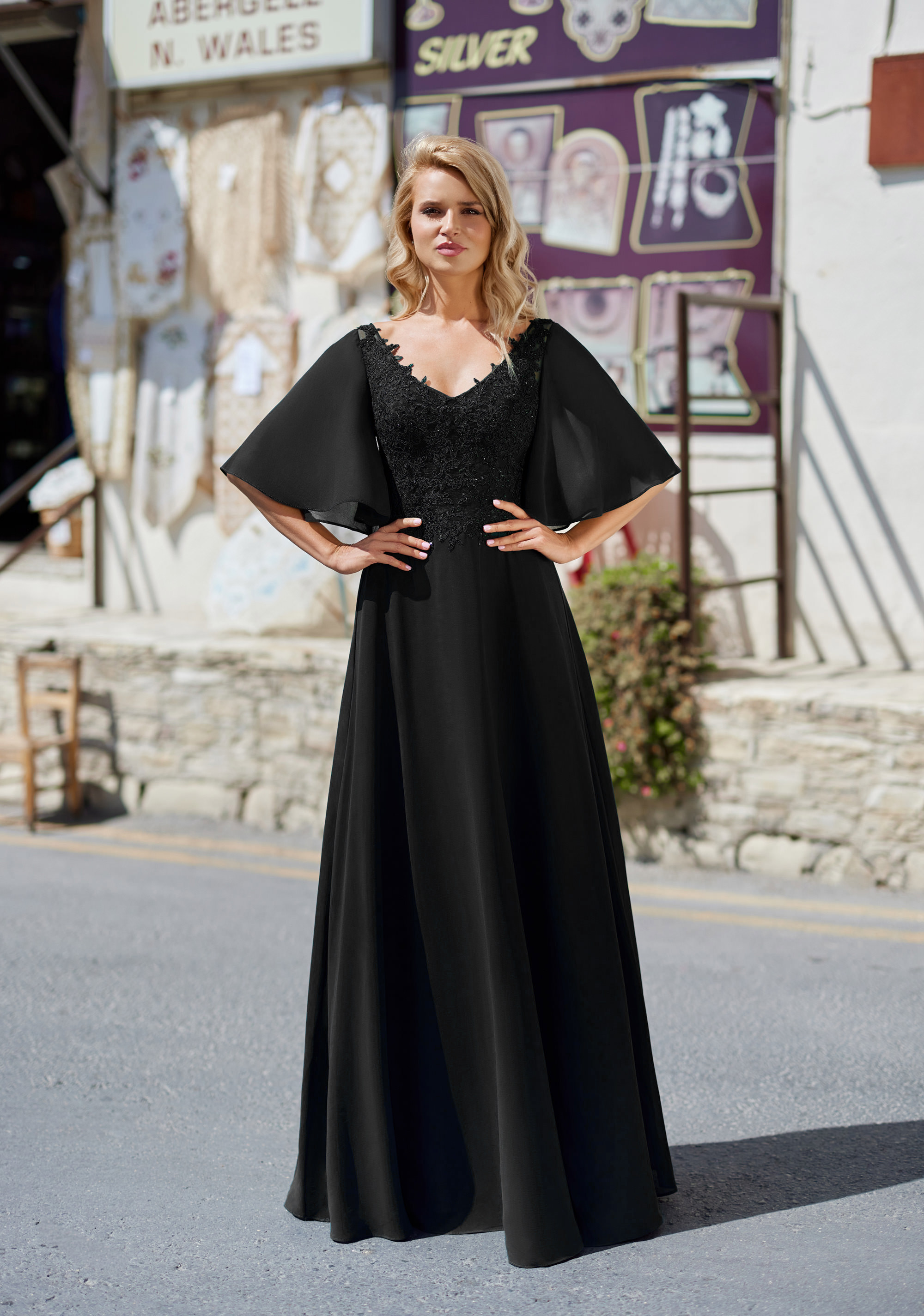 Chiffon evening dress with sleeves in Phantom Black - Christian Koehlert