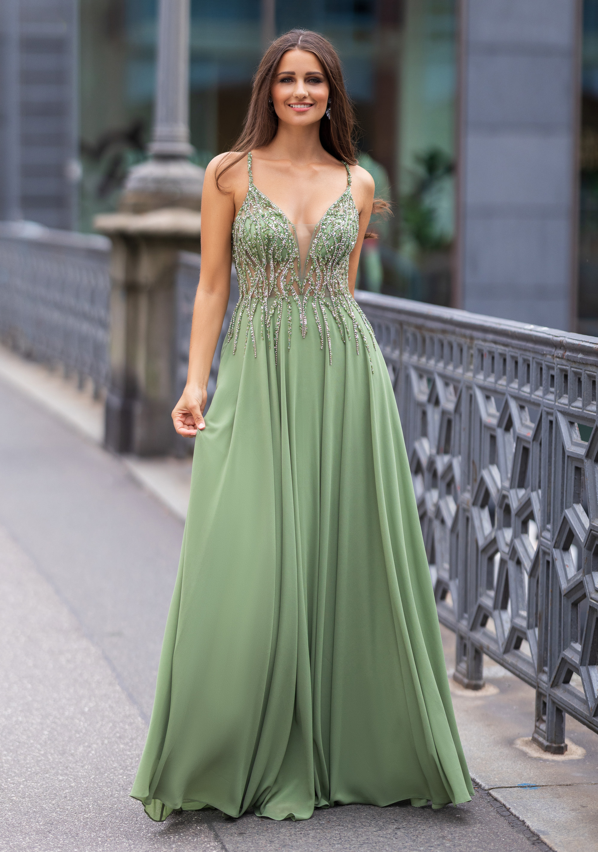 Flowing evening dress with rhinestones in peppermint green - Christian ...