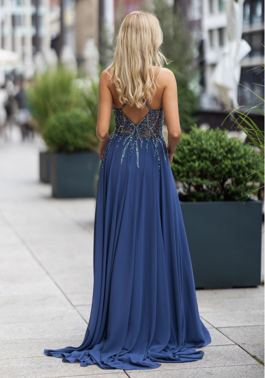 Flowing beaded evening dress in vintage indigo - Christian Koehlert