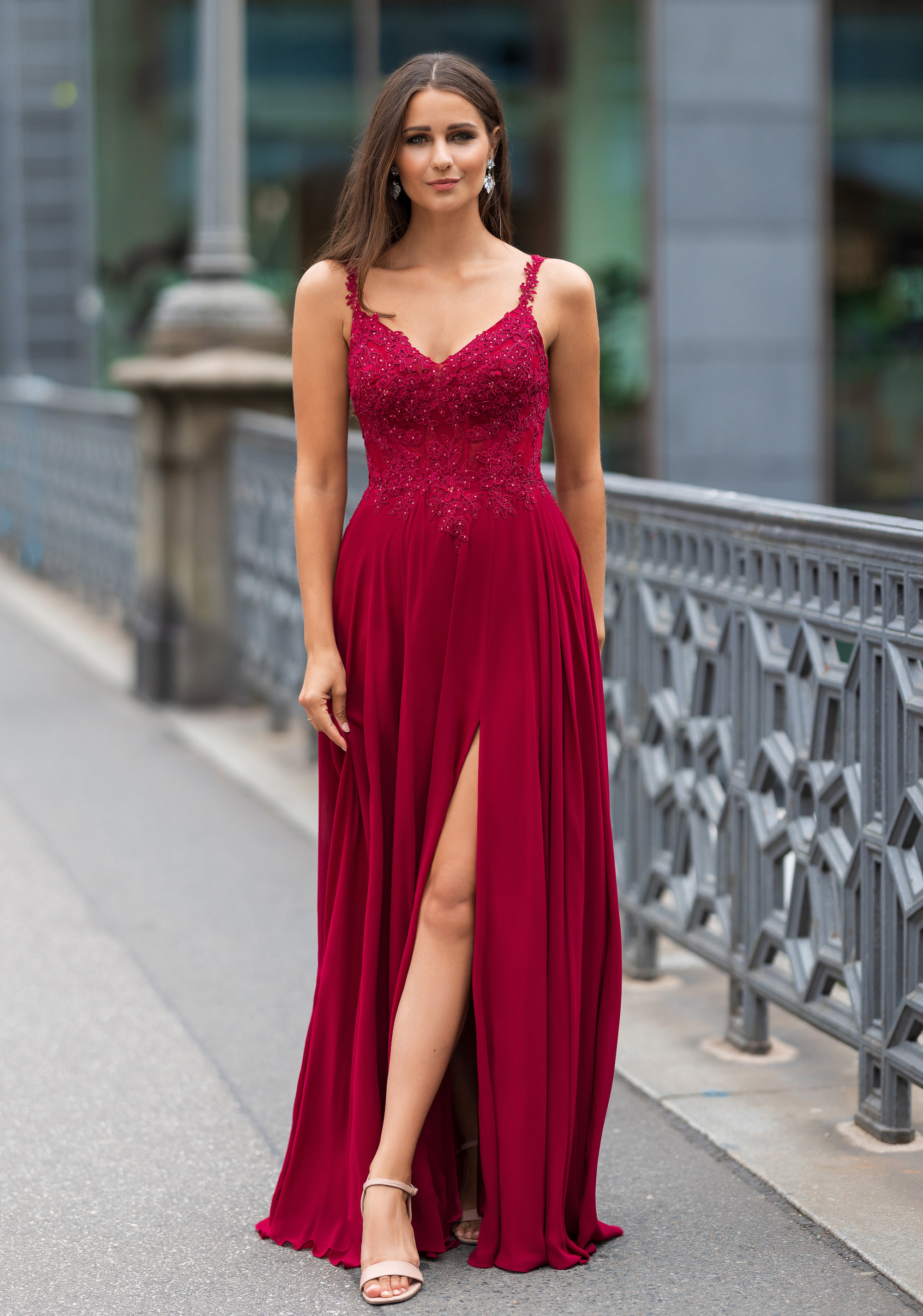 Flowing evening dress with rhinestone applications in Rio Red ...