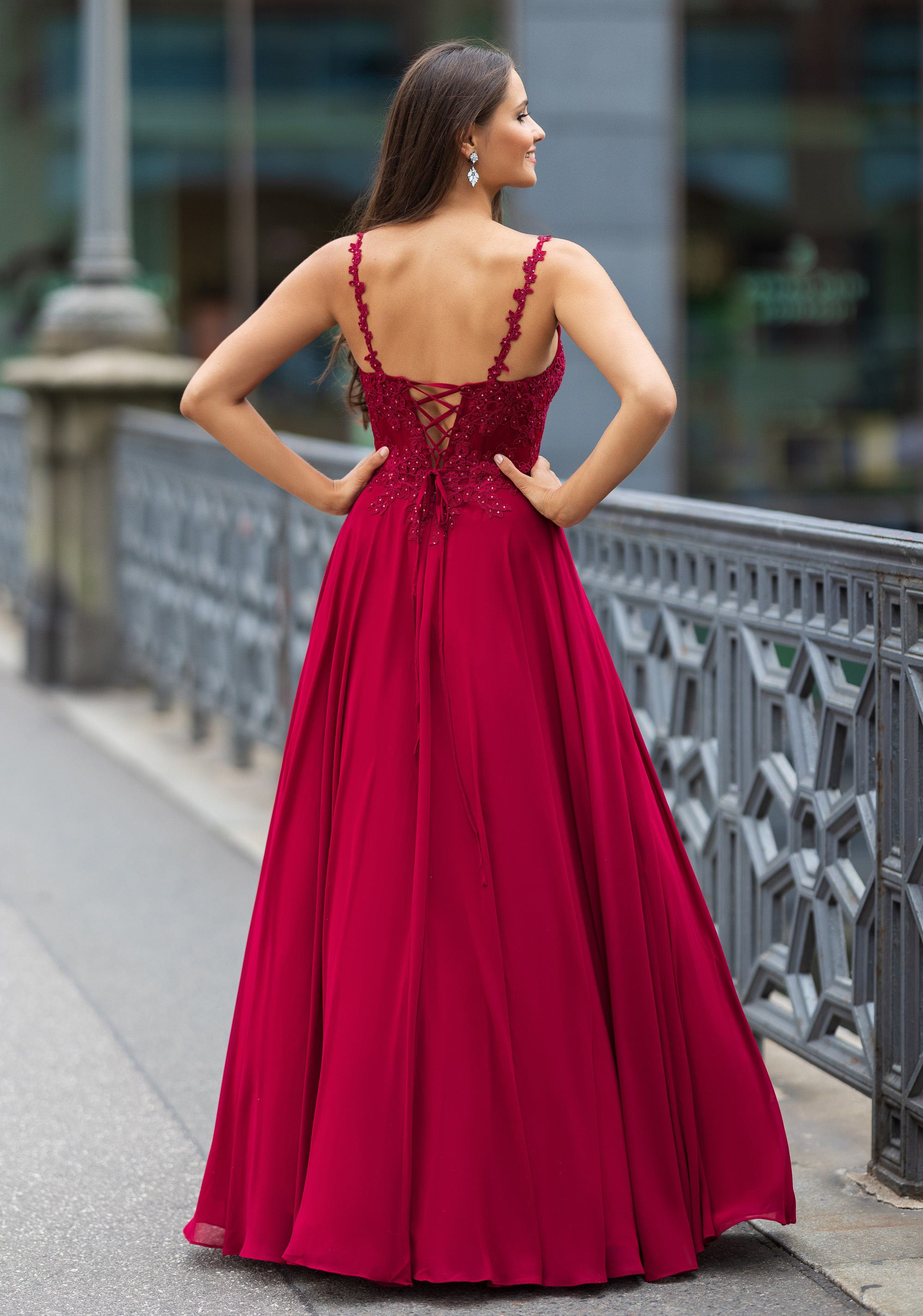 Flowing evening dress with rhinestone applications in Rio Red ...
