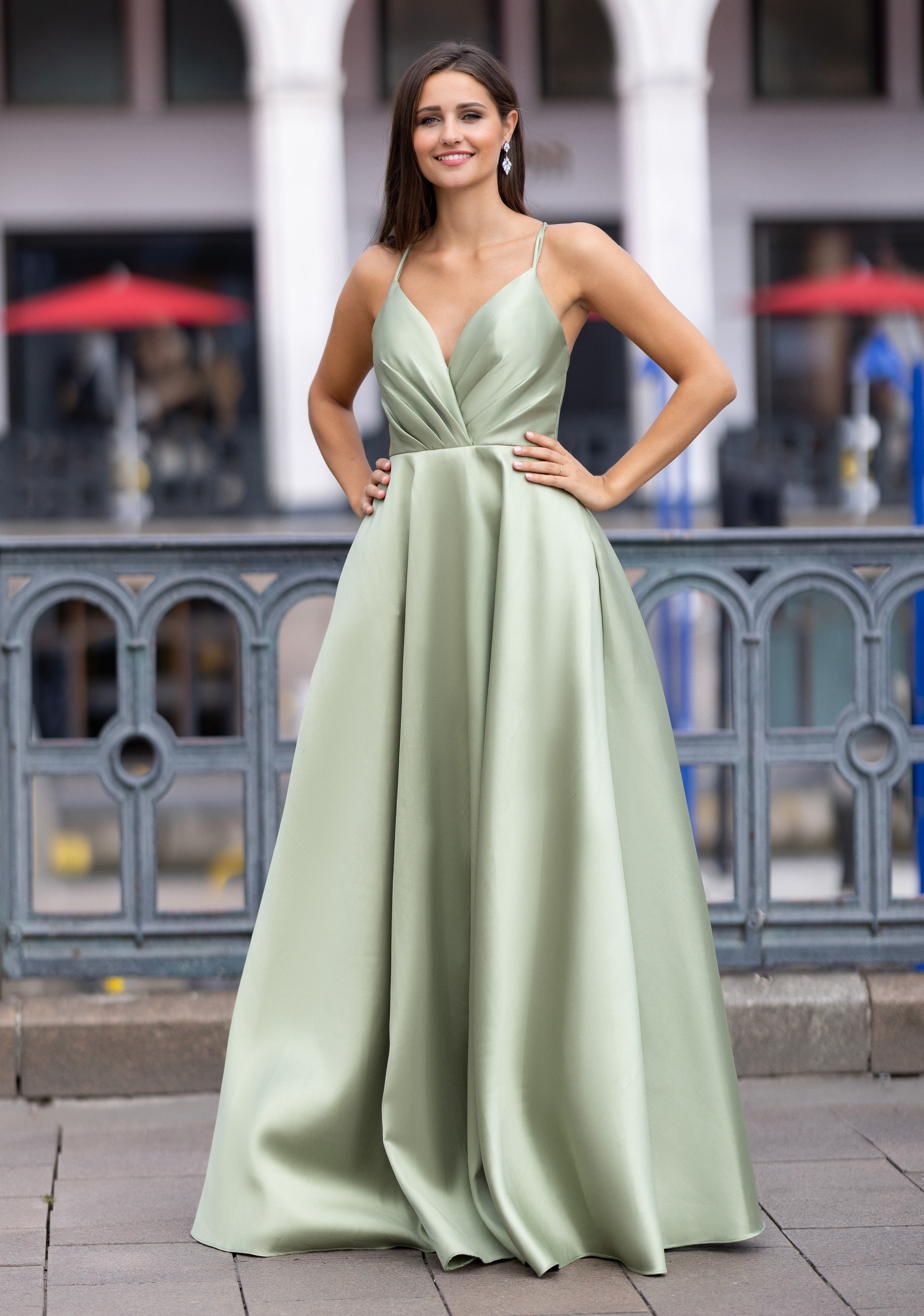 Robe de soirée évasée en mikado vert menthe poivrée - Christian Koehlert