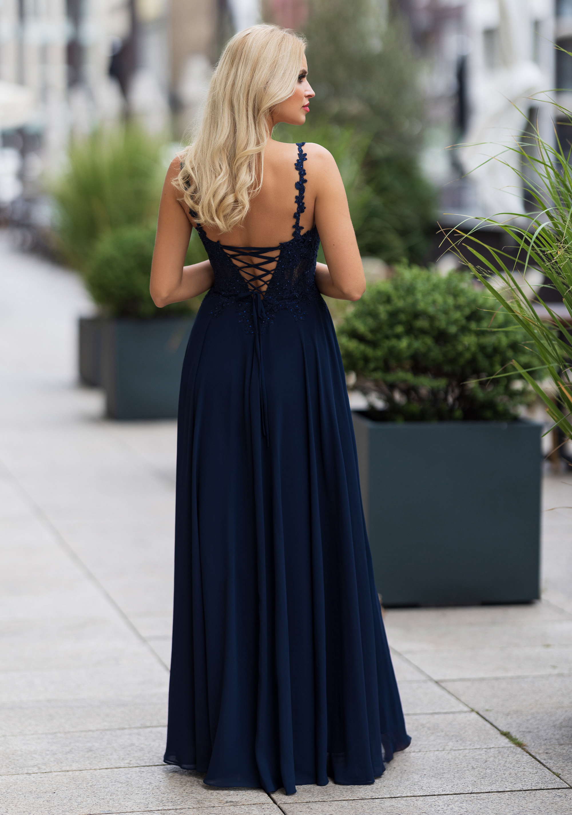 Flowing evening dress with rhinestone applications in twilight blue ...