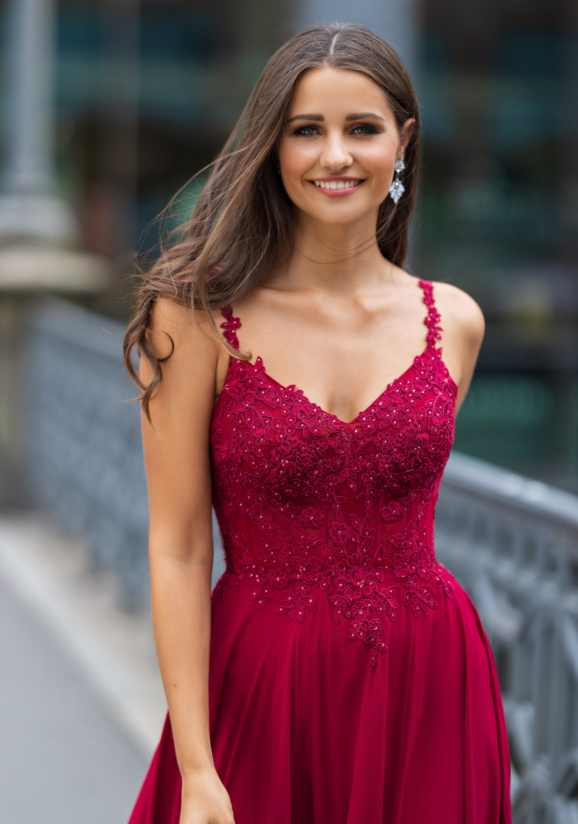 Flowing evening dress with rhinestone applications in Rio Red ...