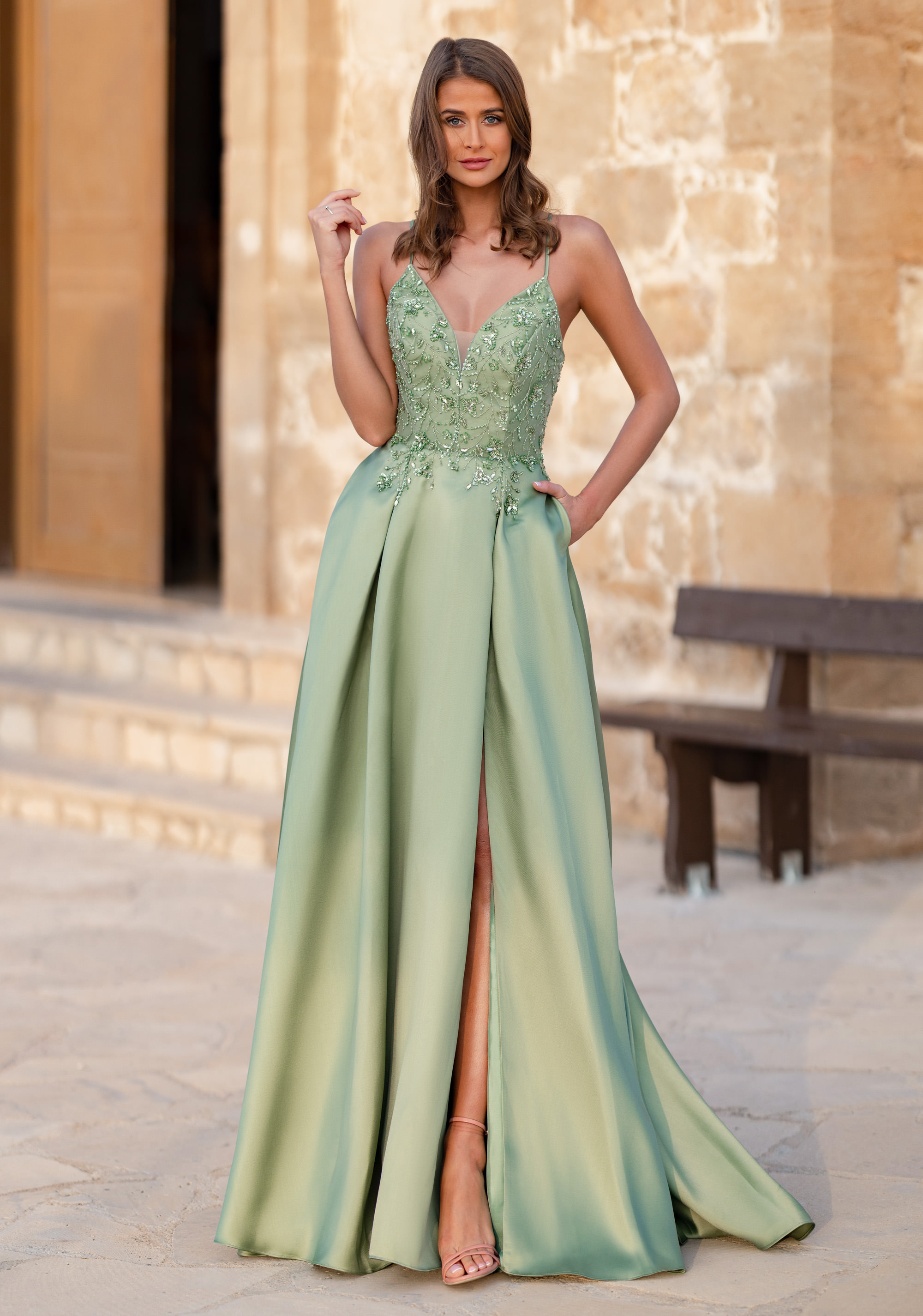 Mikado Evening Dress with Lace-up Back in Peppermint Green - Christian ...