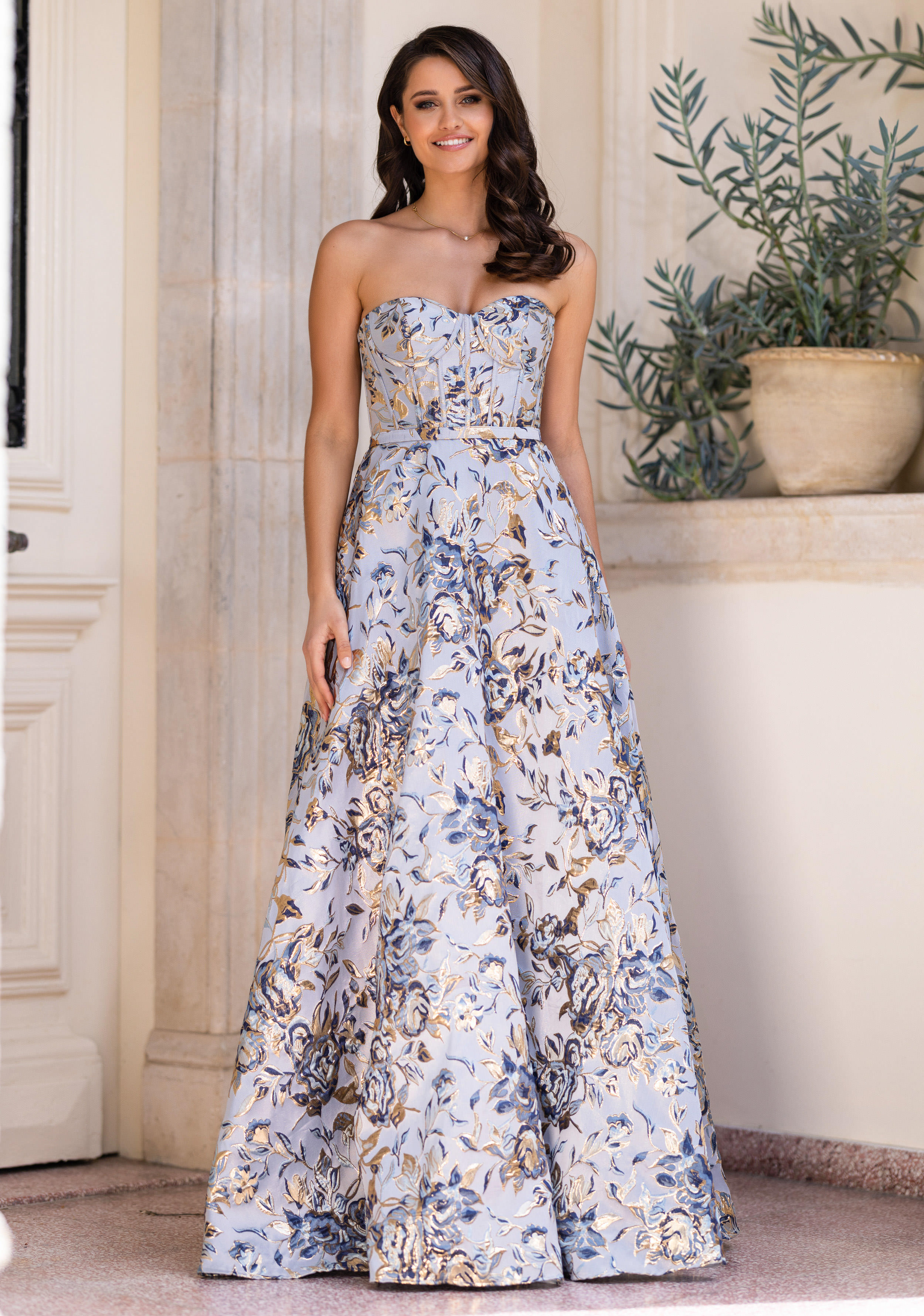 Brocade Evening Gown in Ghost Gray & Blue - Christian Koehlert