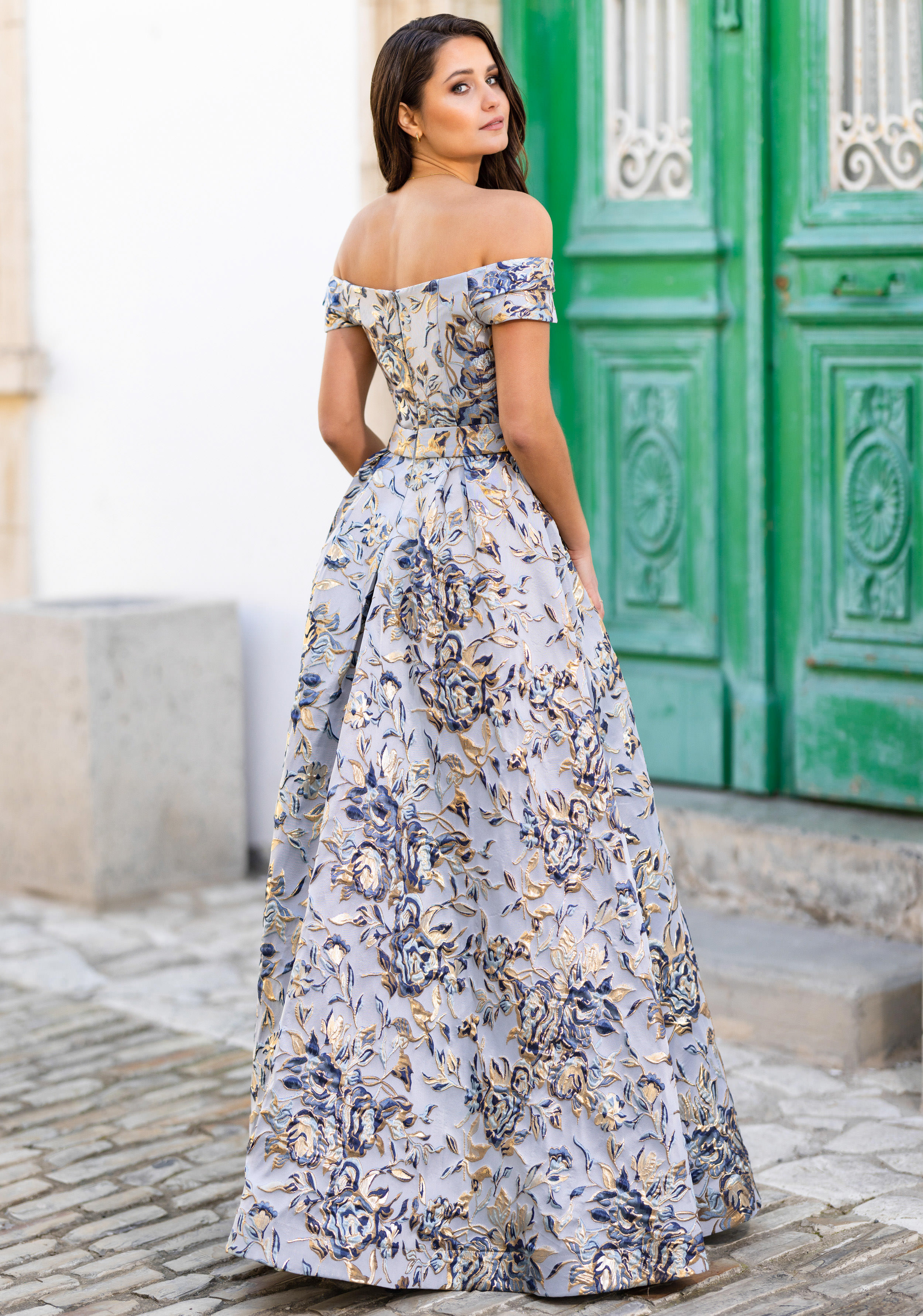 Brocade Evening Gown in Ghost Gray & Blue - Christian Koehlert