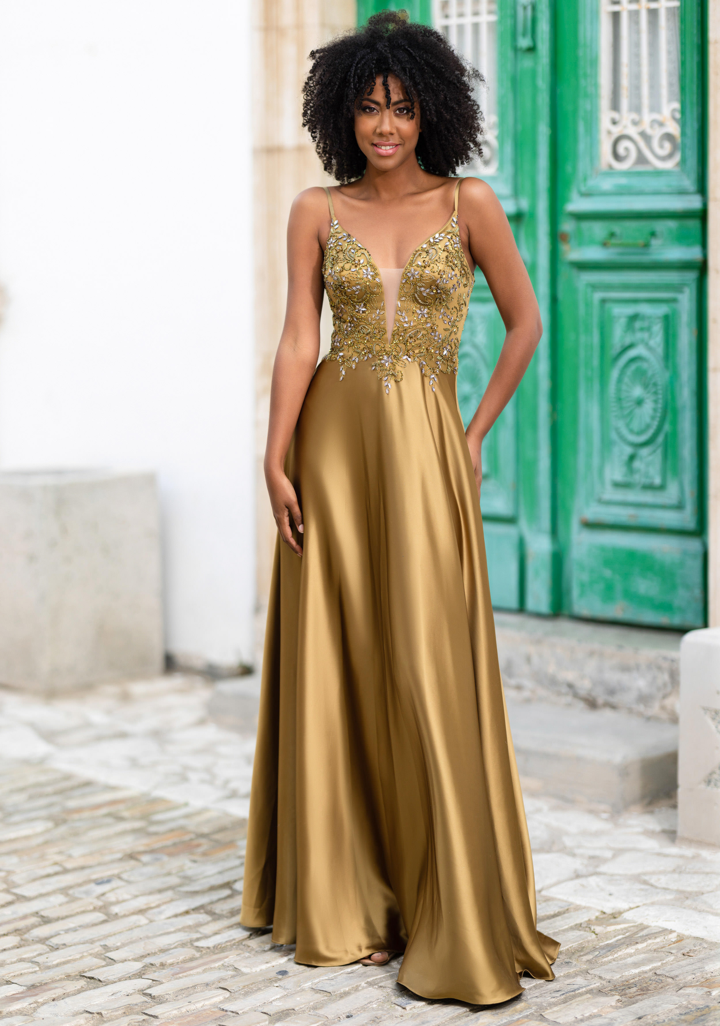 Satin evening dress in olive green - Christian Koehlert