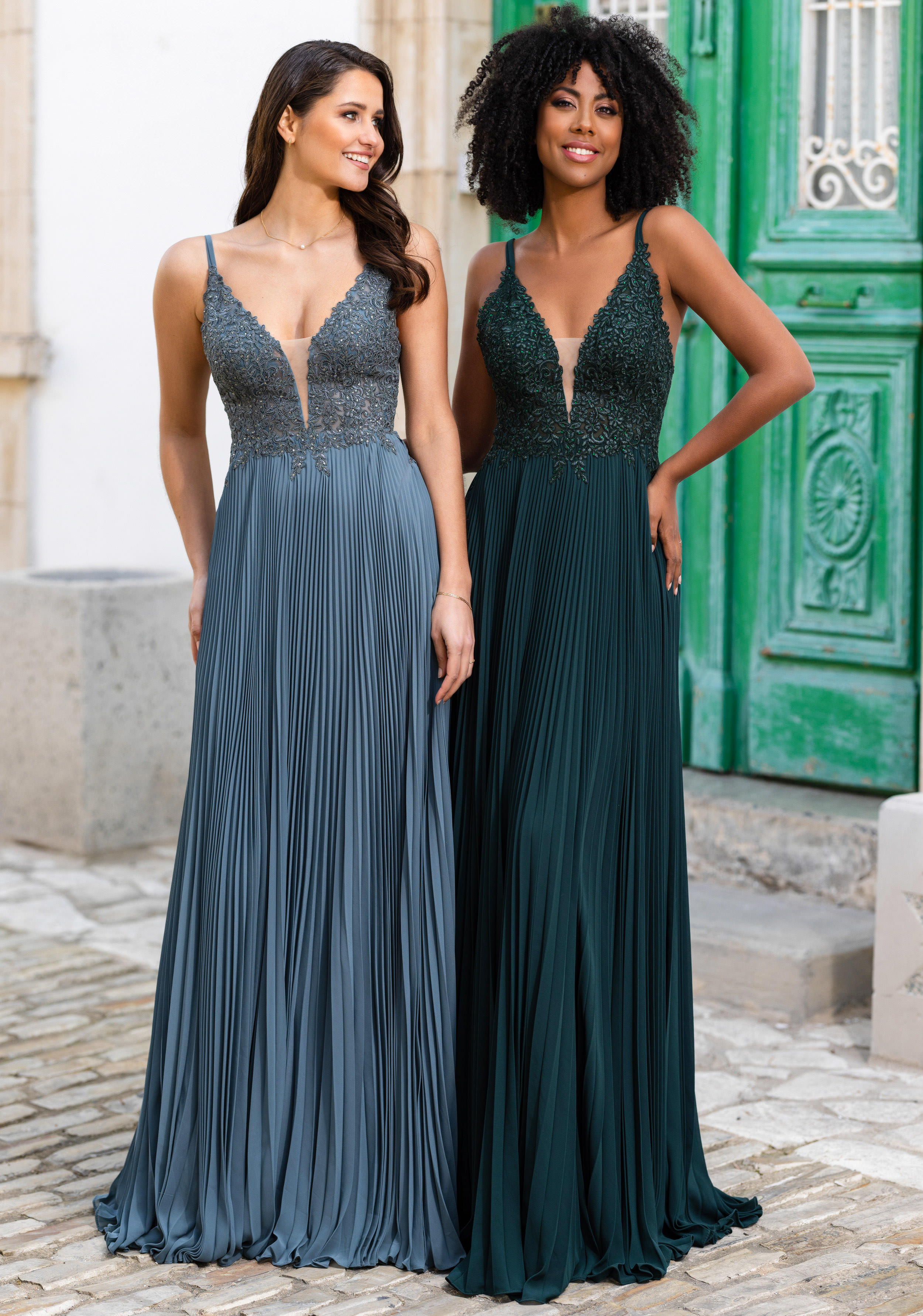 Abendkleid mit Plissee Rock in Botanical Green - Christian Koehlert