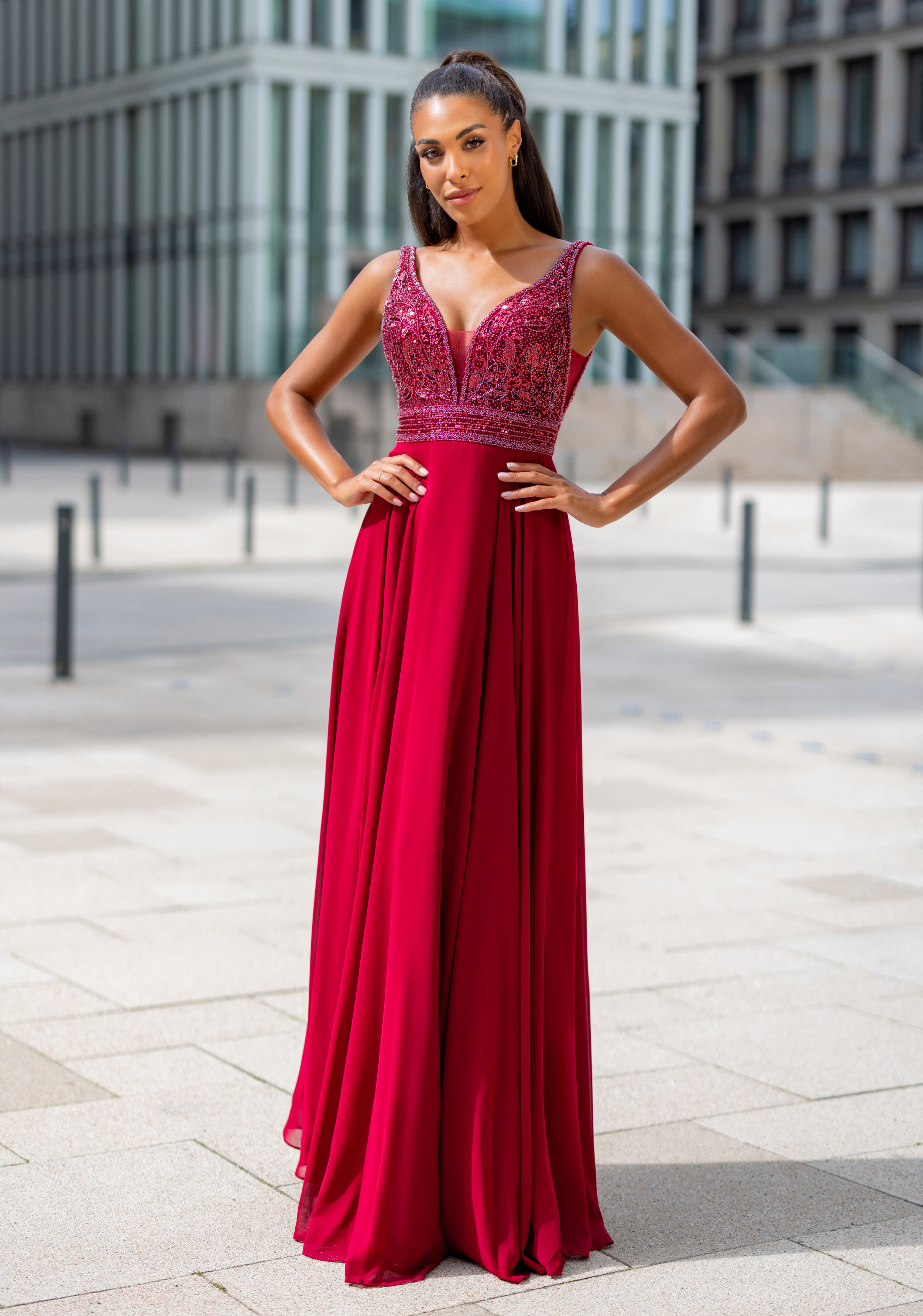 Chiffon evening dress in Rio Red - Christian Koehlert