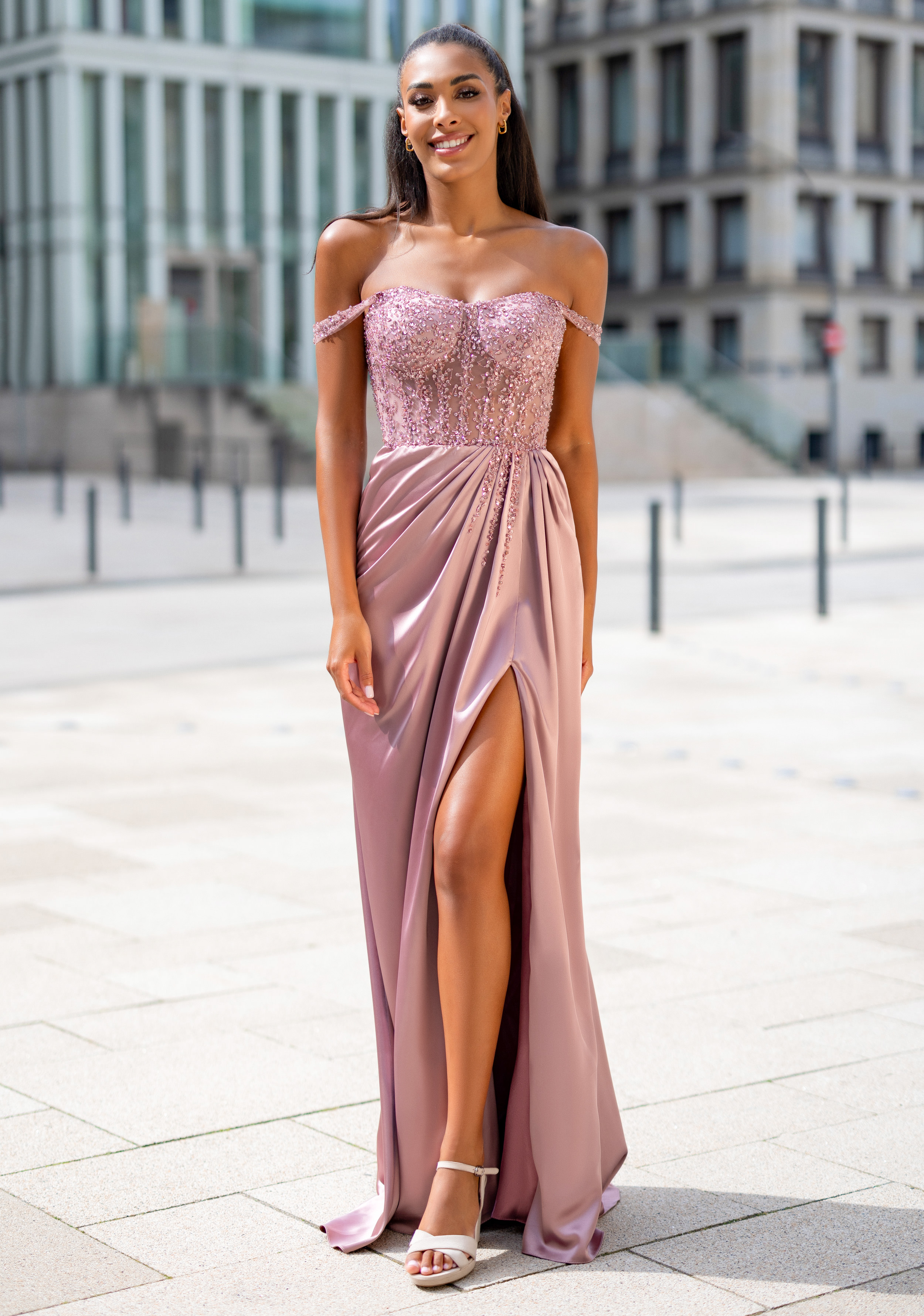 Satin evening dress in Shining Dawn Pink - Christian Koehlert