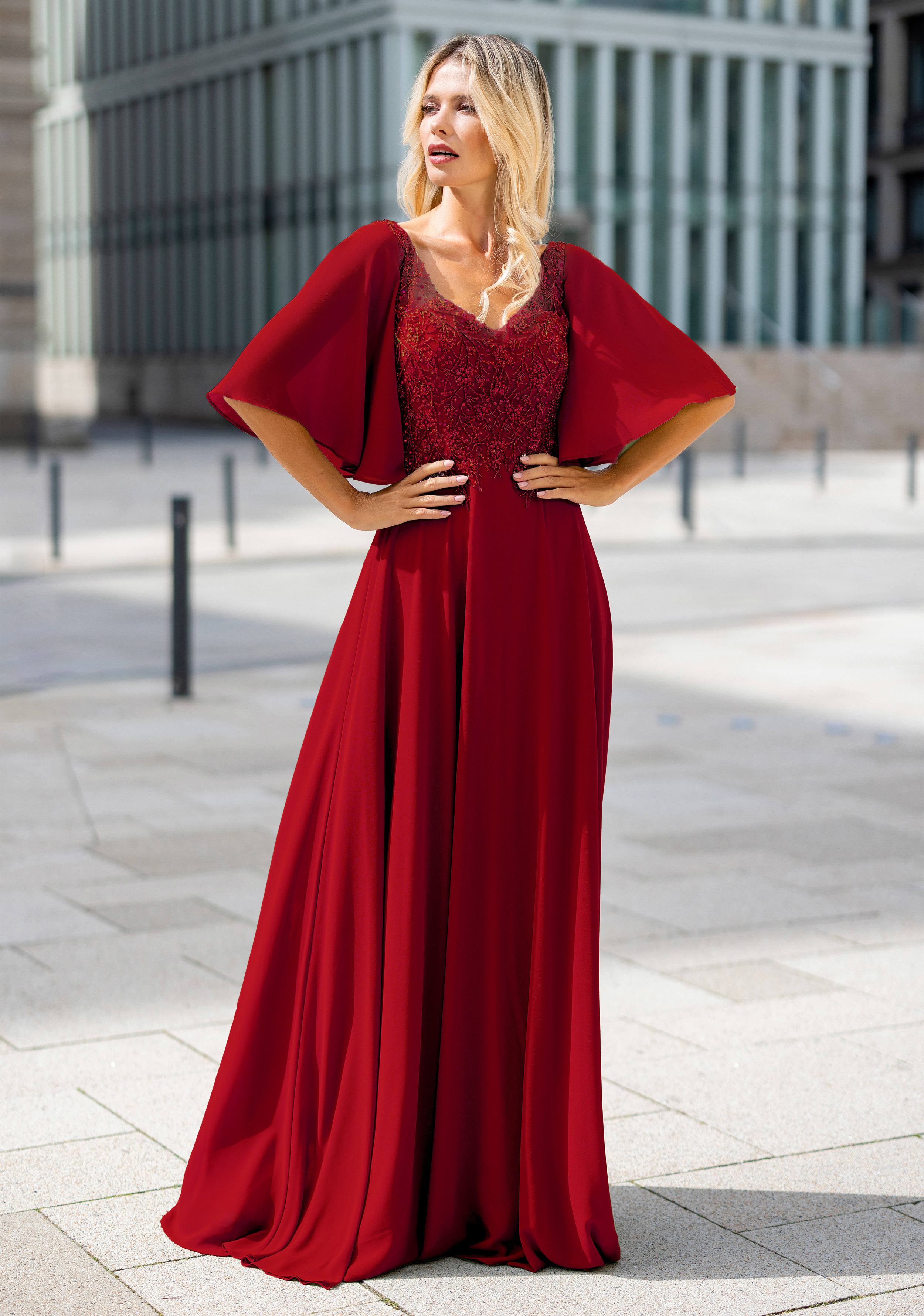 Chiffon evening dress with sleeves in Rio Red - Christian Koehlert