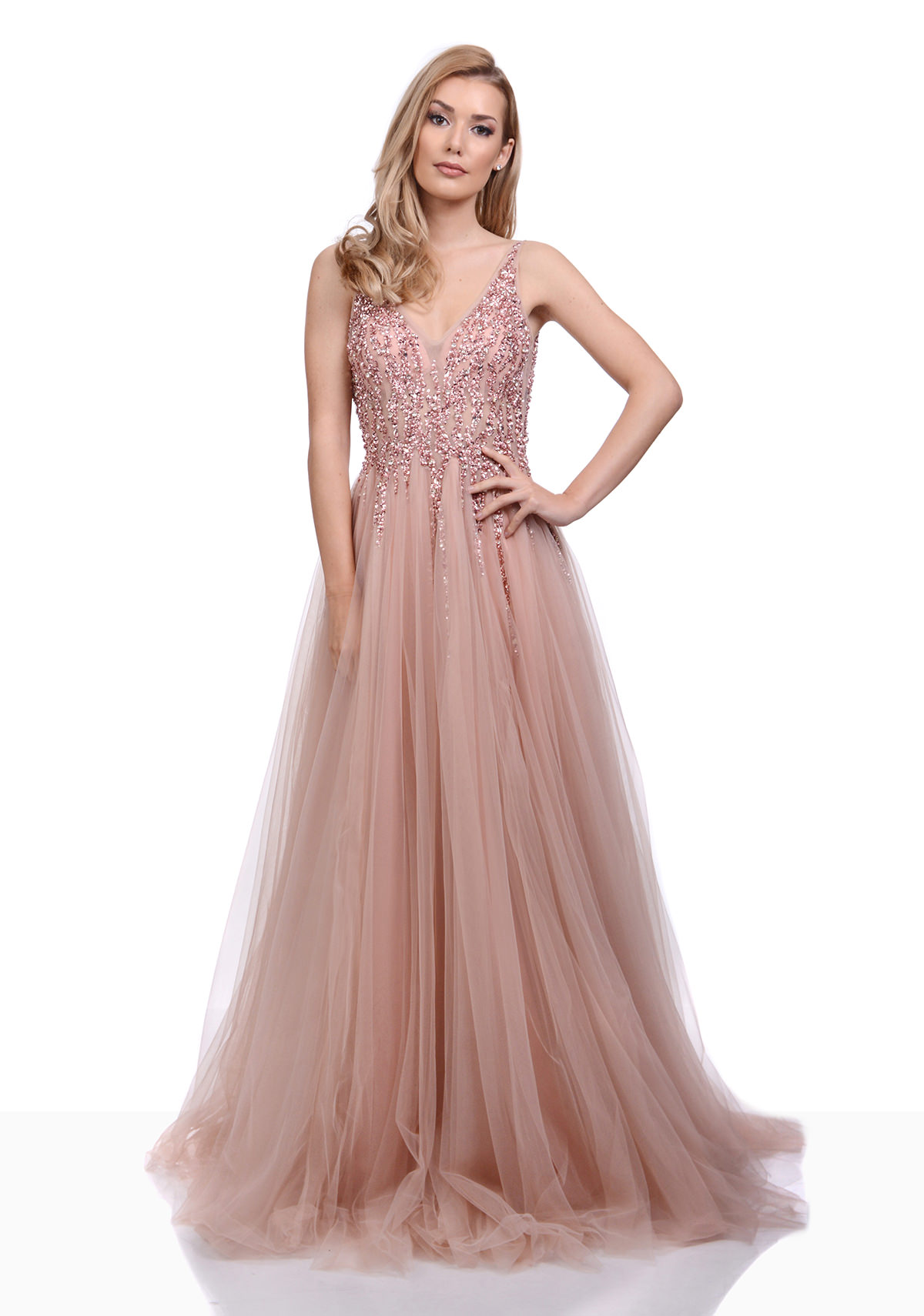 Robe de soirée en tulle avec strass en Dawn Pink - Christian Koehlert